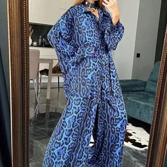 Tops | Blue Womens Leopard Print Collar Long Sleeve Top And Pants Set ...